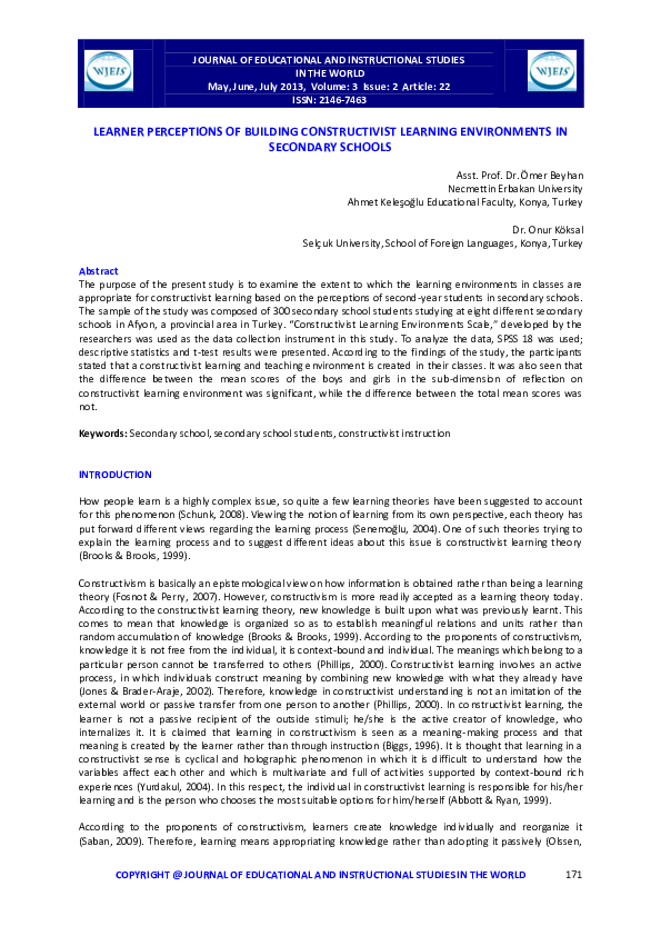 (PDF) Learner Perceptions of Building Constructivist Learning Environments in Secondary Schools