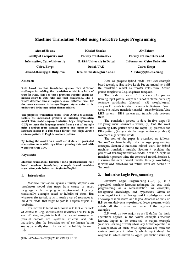 Pdf Machine Translation Model Using Inductive Logic Programming 