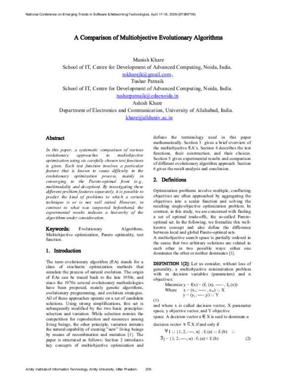 Pdf A Comparison Of Multiobjective Evolutionary Algorithms Ashish Khare