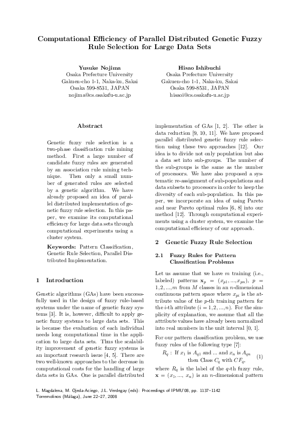Pdf Computational Efficiency Of Parallel Distributed Genetic Fuzzy Rule Selection For Large 