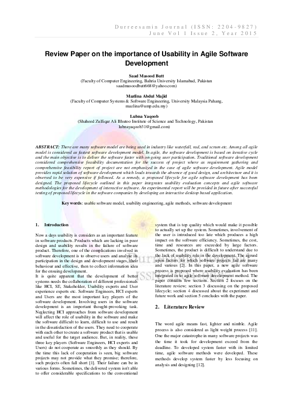 Pdf Review Paper On The Importance Of Usability In Agile Software Development