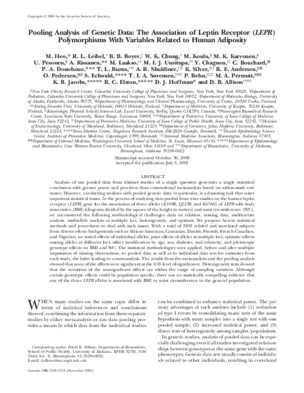 Pooling Analysis Of Genetic Data The Association Of Leptin Receptor