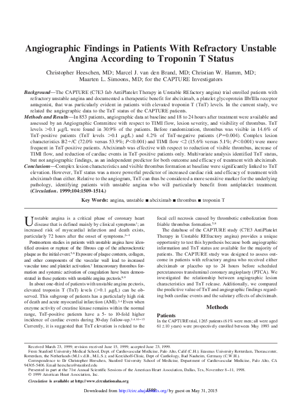 (PDF) Angiographic Findings in Patients With Refractory Unstable Angina ...