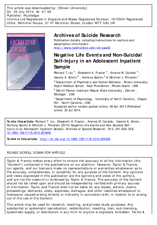 Negative Life Events and Non-Suicidal Self-Injury in an Adolescent ...