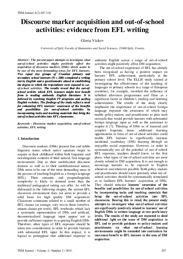 (PDF) Discourse marker acquisition and out-of-school activities: evidence from EFL writing