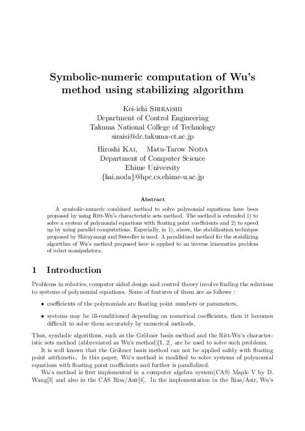 (PDF) Symbolic-numeric computation of Wu's method using stabilizing ...