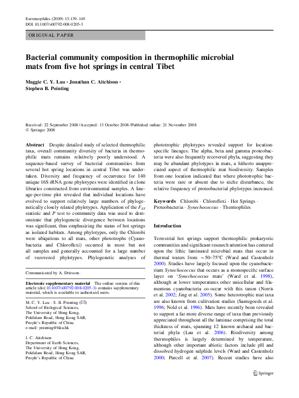 (PDF) Bacterial community composition in thermophilic microbial mats ...