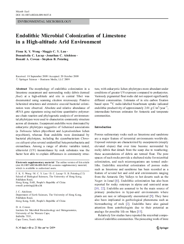 (PDF) Endolithic Microbial Colonization of Limestone in a High-altitude ...