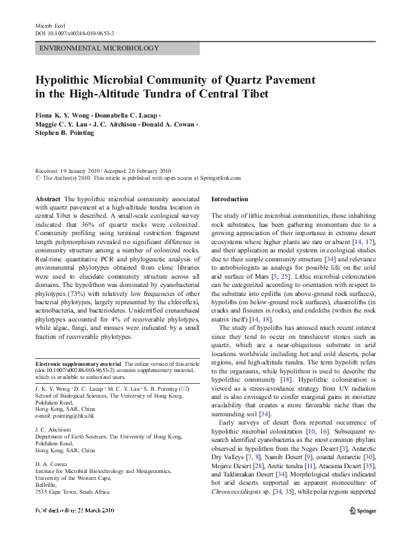 (PDF) Hypolithic Microbial Community of Quartz Pavement in the High ...