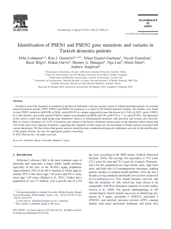 (PDF) Identification of PSEN1 and PSEN2 gene mutations and variants in ...