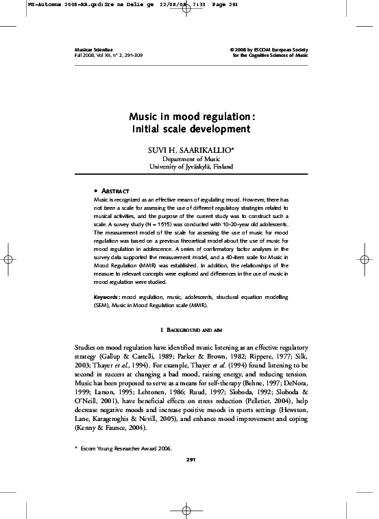 (PDF) Music in mood regulation: Initial scale development