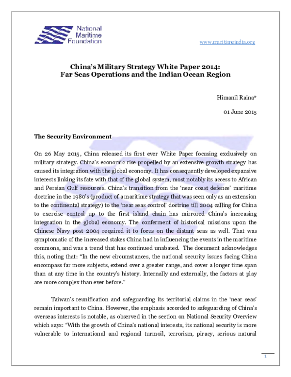 (PDF) China's Military Strategy White Paper 2014: Far Seas Operations ...