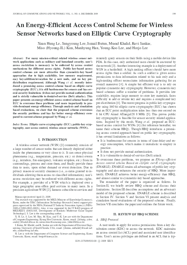 Pdf An Energy Efficient Access Control Scheme For Wireless Sensor Networks Based On Elliptic 