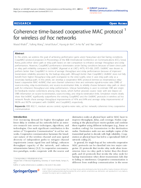 (PDF) Coherence time-based cooperative MAC protocol for wireless ad hoc networks