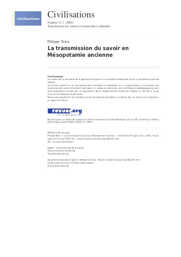 (PDF) La transmission du savoir en Mésopotamie ancienne