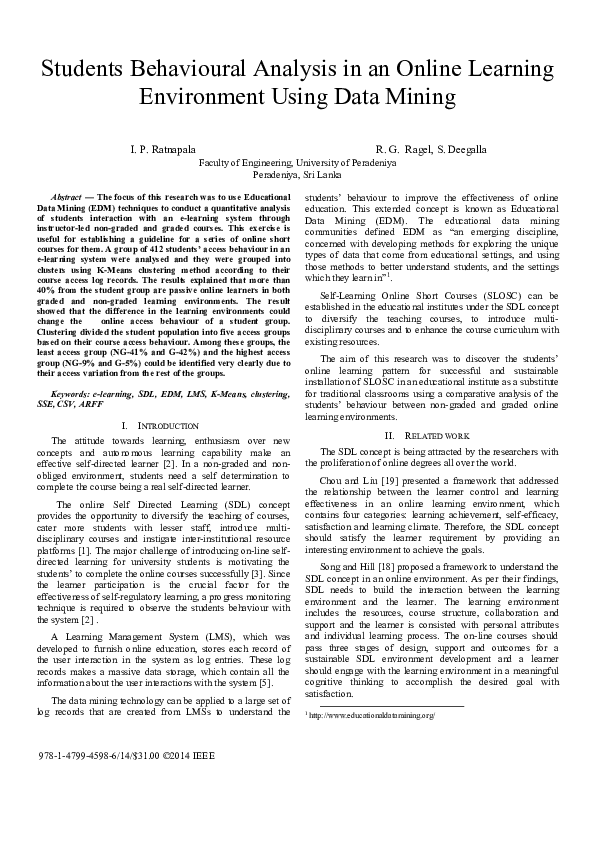 (PDF) Students Behavioural Analysis in an Online Learning Environment Using Data Mining (ICIAfS)