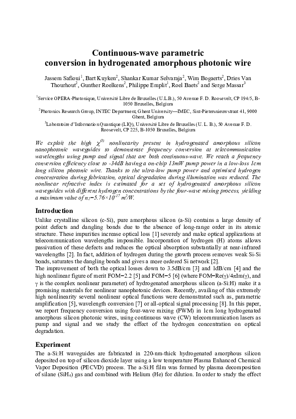 (PDF) Continuous-wave parametric conversion in hydrogenated amorphous photonic wire