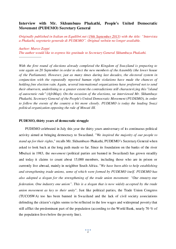 Interview with Mr. Skhumbuzo Phakathi, People's United Democratic ...