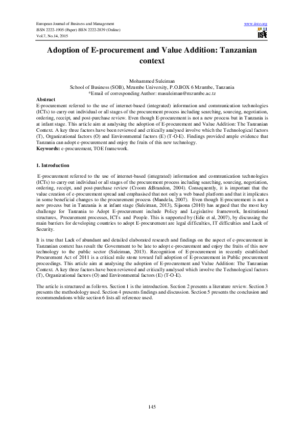 (PDF) Adoption of e-procurement and Value addition: Tanzanian context