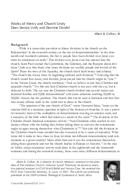 (PDF) Works of Mercy and Church Unity: Does Service Unify and Doctrine ...