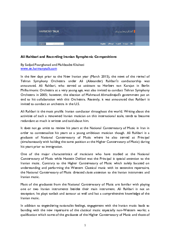 (PDF) Ali (Alexander) Rahbari & Recording Iranian Symphonic Compositions