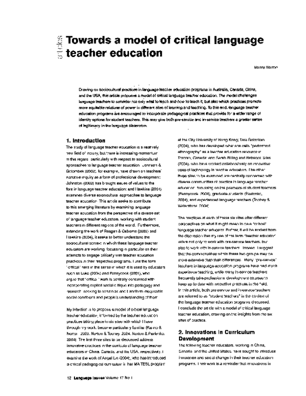 (PDF) Towards a model of critical language teacher education