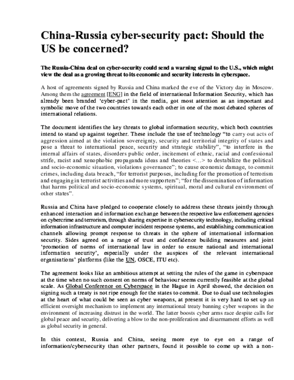 (PDF) China-Russia cyber-security pact: Should the US be concerned?