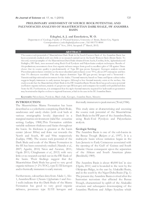 (PDF) PRELIMINARY ASSESSMENT OF SOURCE ROCK POTENTIAL AND PALYNOFACIES ...