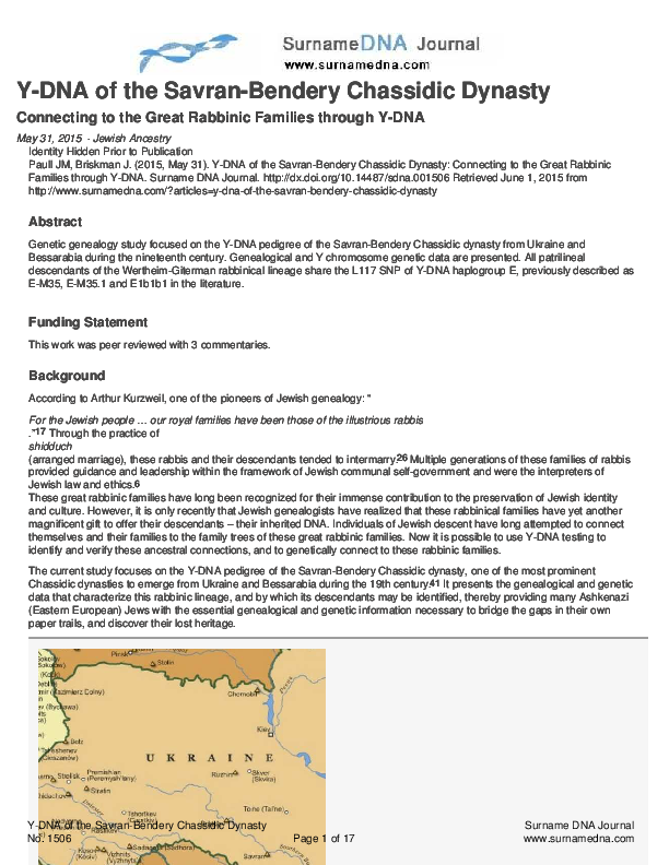 (PDF) Y-DNA Genetic Signature of the Savran-Bendery Chassidic Dynasty ...