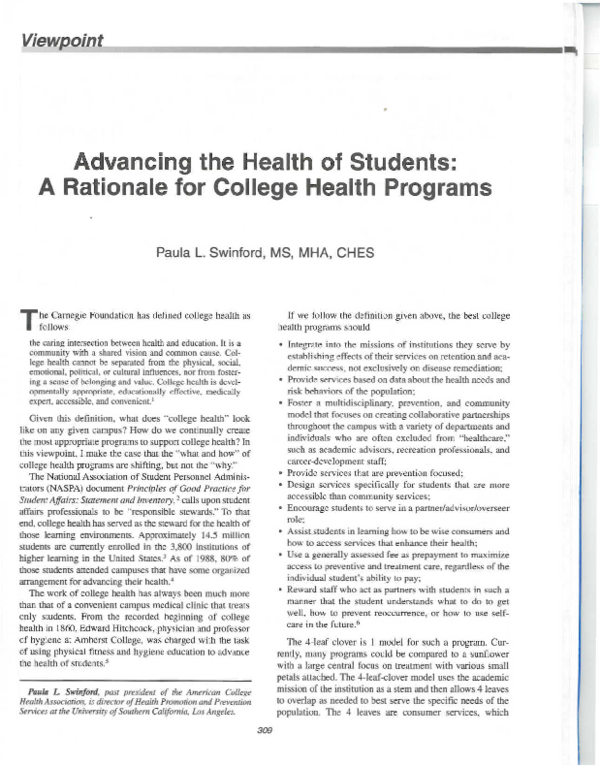 (PDF) Advancing the Health of Students: A Rationale for College Health ...