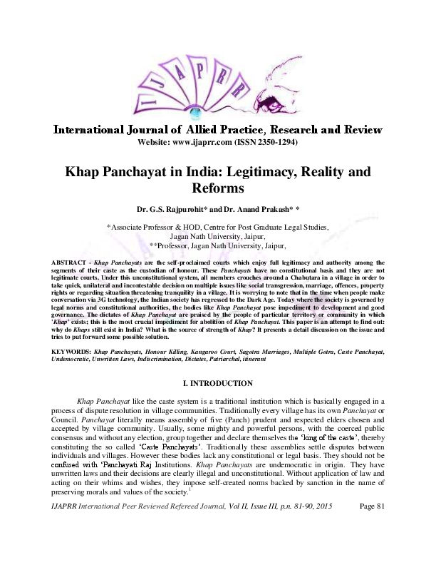 (PDF) Khap Panchayat in India: Legitimacy, Reality and Reforms