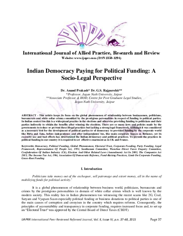 (PDF) Indian Democracy Paying for Political Funding: A Socio-Legal ...
