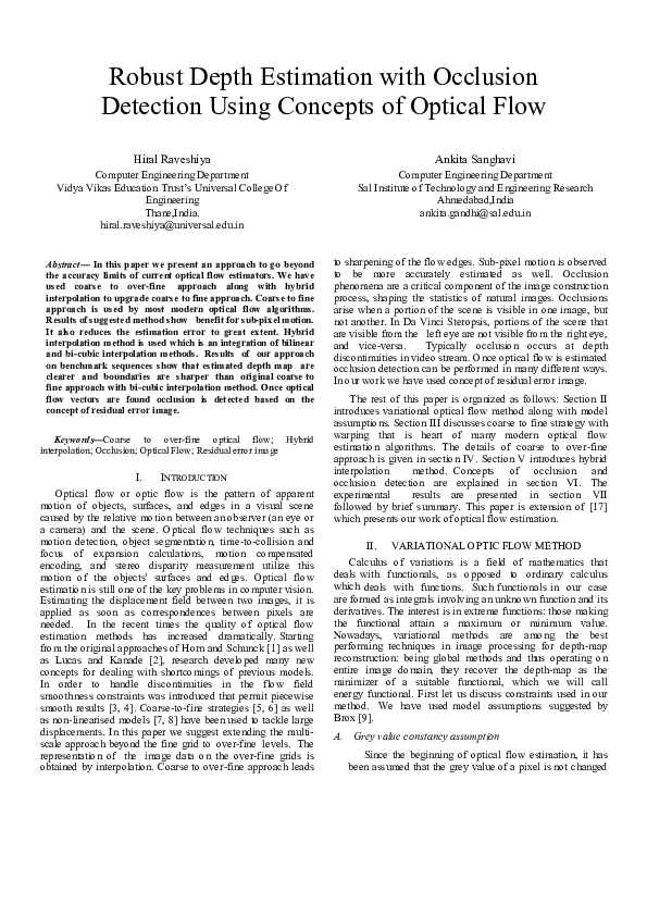 (PDF) Robust depth estimation with occlusion detection using concepts of optical flow