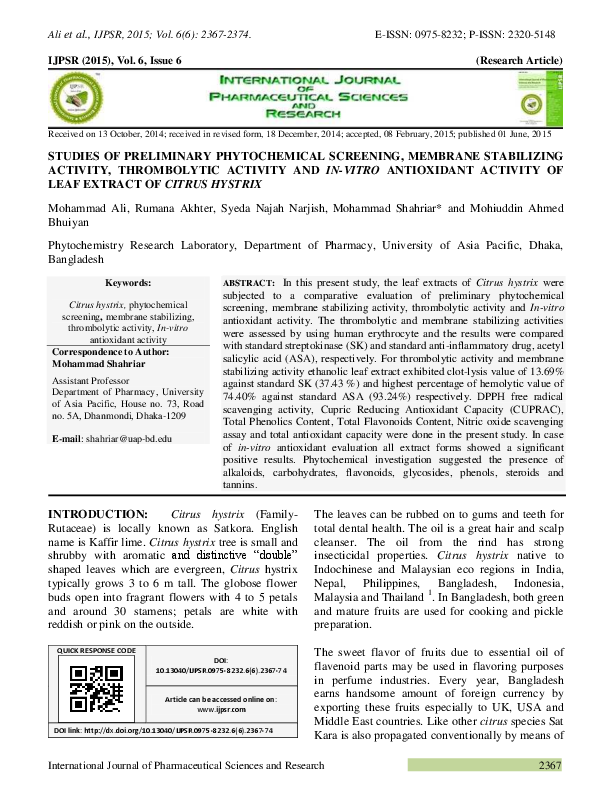 (PDF) STUDIES OF PRELIMINARY PHYTOCHEMICAL SCREENING, MEMBRANE STABILIZING ACTIVITY ...