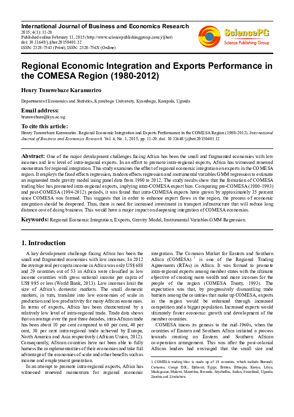 (PDF) Regional Economic Integration and Exports Performance in the COMESA Region (1980-2012)