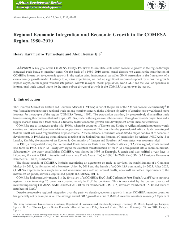 (PDF) Regional Economic Integration and Economic Growth in the COMESA Region, 1980–2010