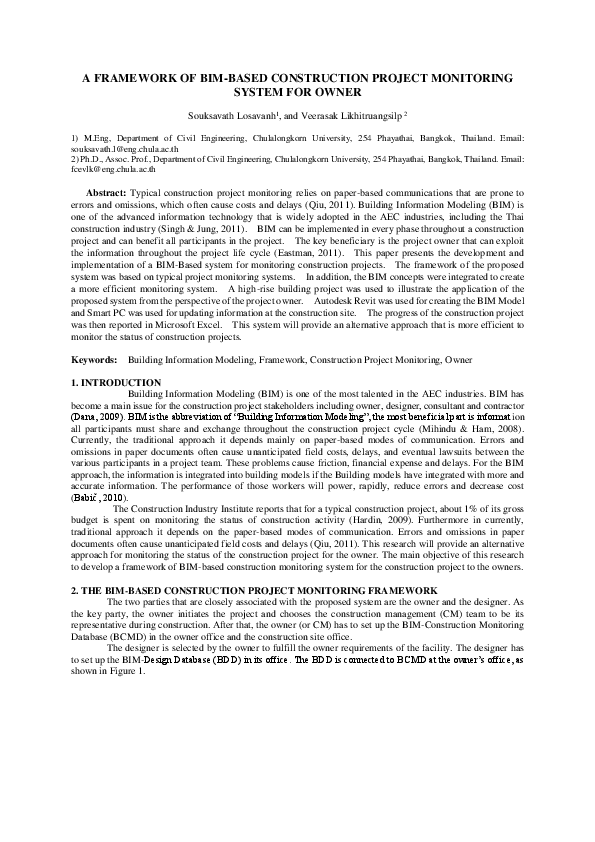 Pdf A Framework Of Bim Based Construction Project Monitoring System For Owner Full