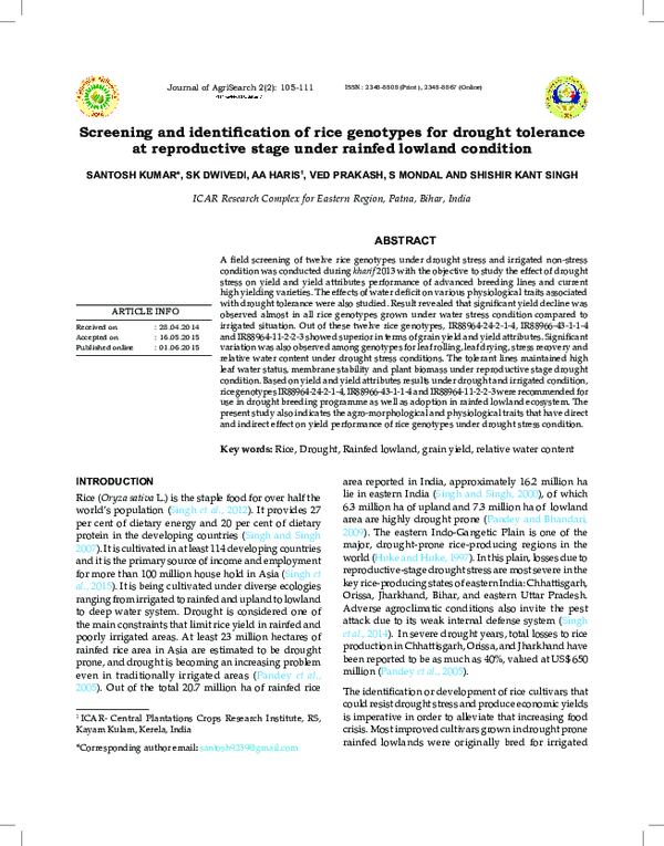 (PDF) Screening and identification of rice genotypes for drought ...
