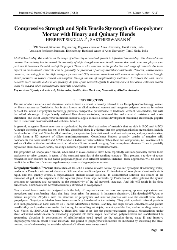 Compressive Strength and Split Tensile Styrength of Geopolymer Mortar ...