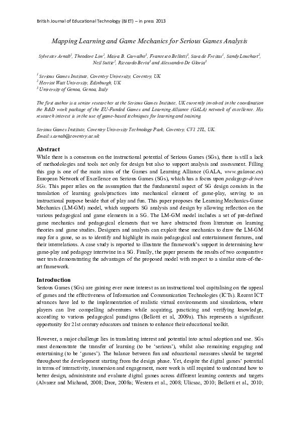 (PDF) Mapping learning and game mechanics for serious games analysis