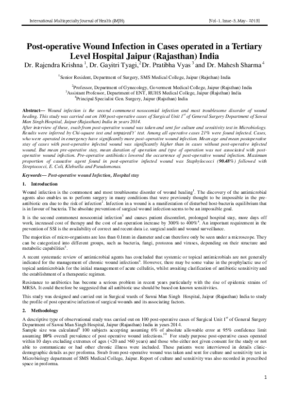 Post-operative Wound Infection in Cases operated in a Tertiary Level ...