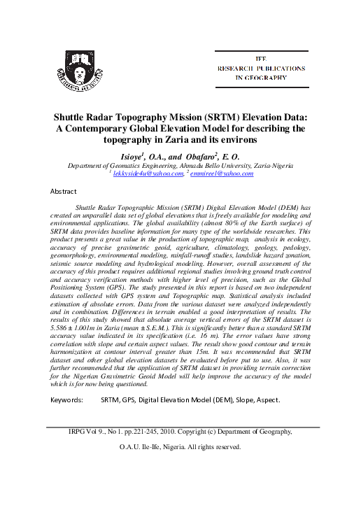 (PDF) Shuttle Radar Topography Mission (SRTM) Elevation Data: A Contemporary Global Elevation ...