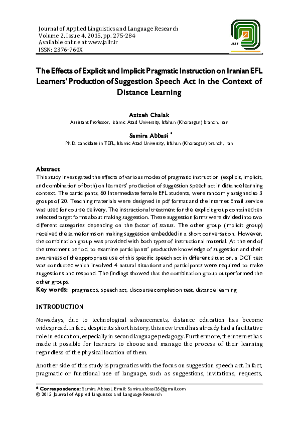 (PDF) The Effects of Explicit and Implicit Pragmatic Instruction on Iranian EFL Learners ...
