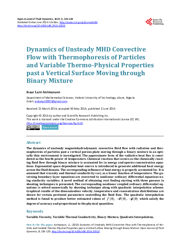 (PDF) Dynamics of Unsteady MHD Convective Flow with Thermophoresis of Particles and Variable ...