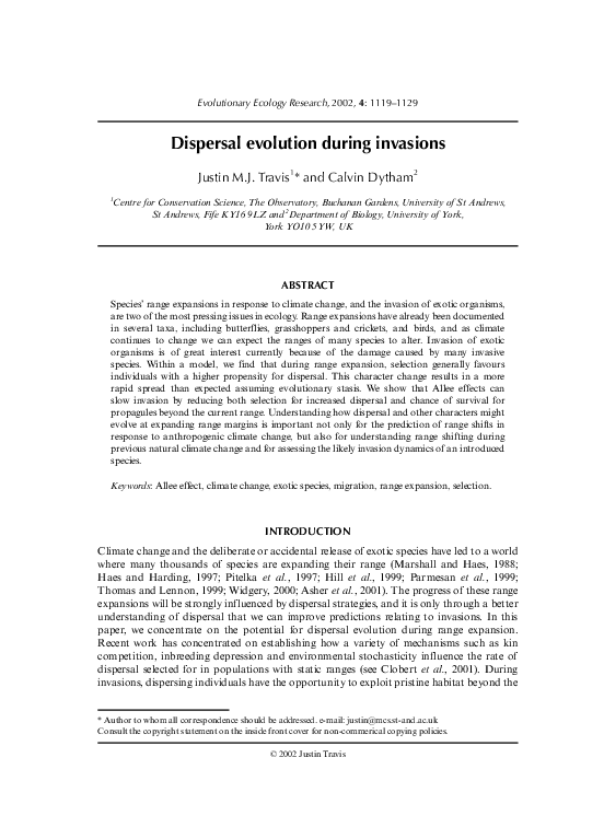 (PDF) Dispersal evolution during invasions