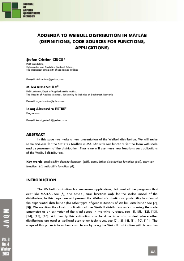 Pdf Addenda To Weibull Distribution In Matlab Definitions Code