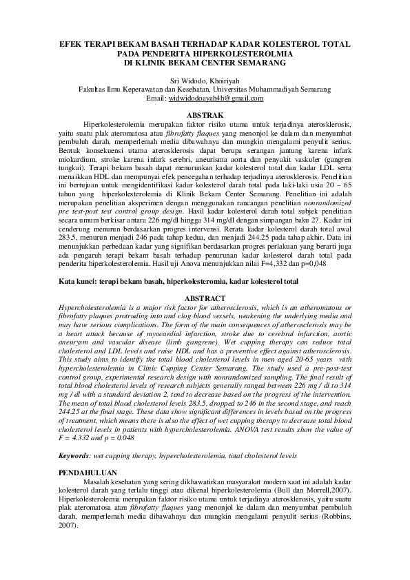 (PDF) EFEK TERAPI BEKAM BASAH TERHADAP KADAR KOLESTEROL TOTAL PADA ...