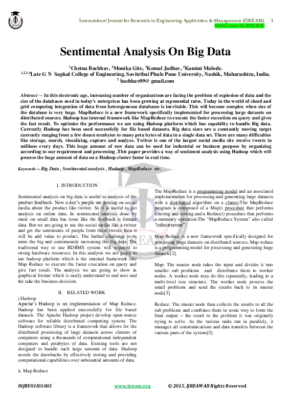 (PDF) Sentimental Analysis On Big Data