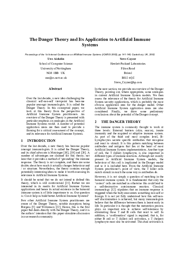 (PDF) The Danger Theory and Its Application to Artificial Immune Systems