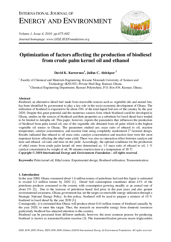 (PDF) Optimization of factors affecting the production of biodiesel ...